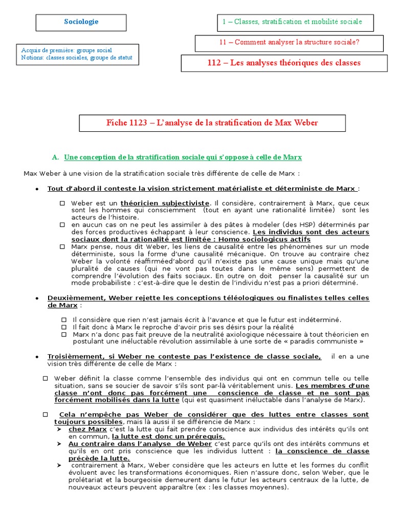 Fiche 1123 - L'analyse de La Stratification de Max Weber | PDF | Max ...