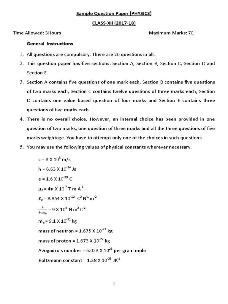 Physics SQP PDF | PDF | Electric Current | Electron