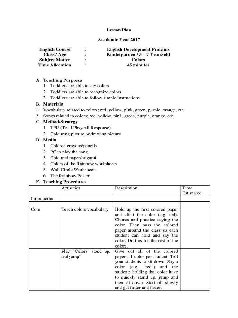 Lesson Plan Colors | Classroom | Lesson Plan