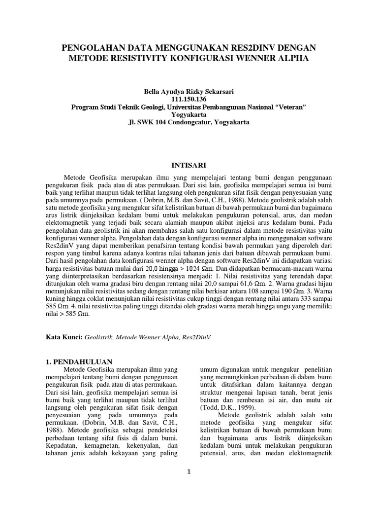 Pengolahan Data Menggunakan Res2dinv Metode Resistivity Konfigurasi Wenner Alpha | PDF