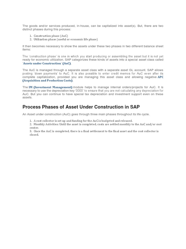 Process Phases of Asset Under Construction in SAP | PDF