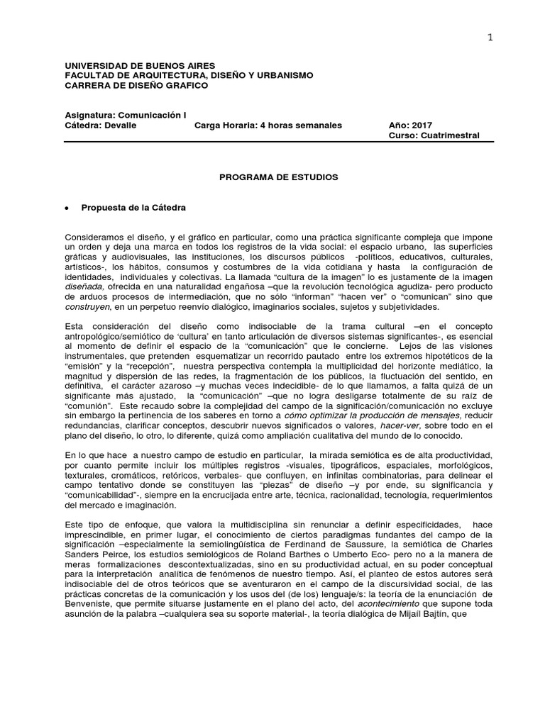 Programa Comunicacion I Devalle 2017 | PDF | Semiótica | Diseño Programa Comunicacion I Devalle 2017 | PDF | Semiótica | Diseño