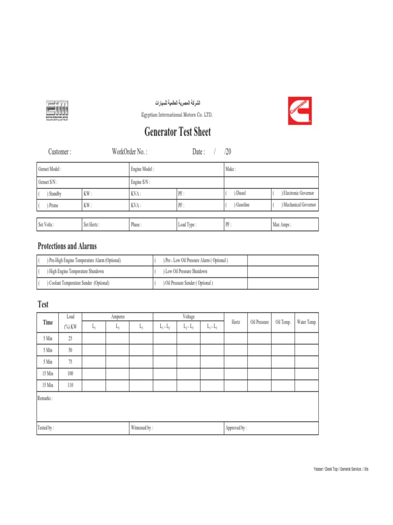 Generator Test Sheet | PDF | Engines | Power (Physics)