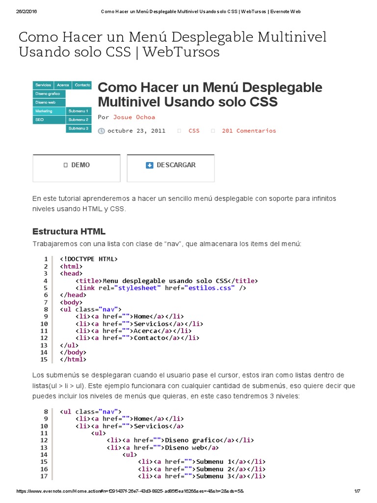 Como Hacer Un Menú Desplegable Multinivel Usando Solo CSS - WebTursos - Evernote Web | PDF ...