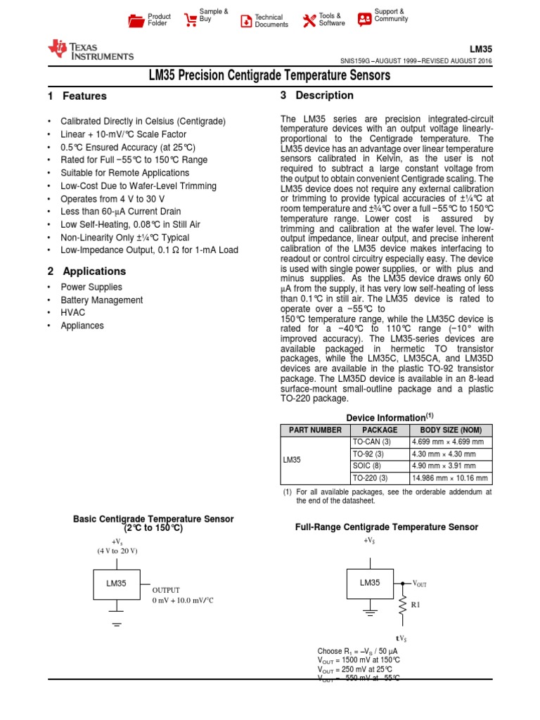 LM35 Precision Centigrade Temperature Sensors: 1 Features 3 Description ...