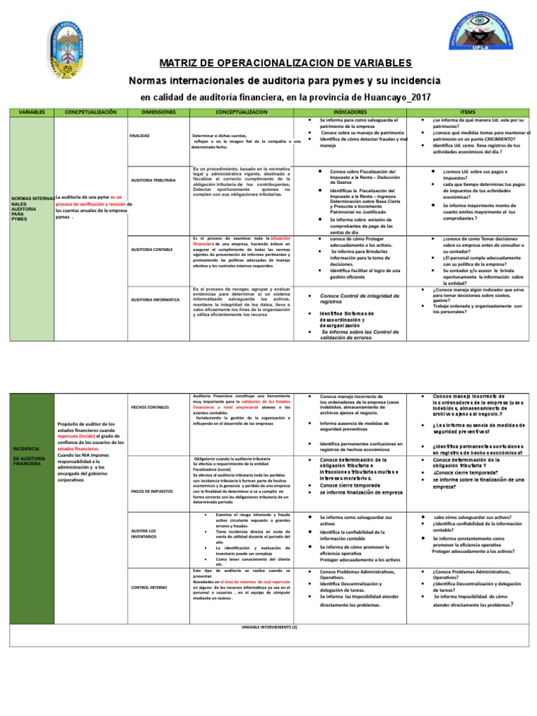Matriz de Operacionalizacion de Variables | Auditoría financiera ...