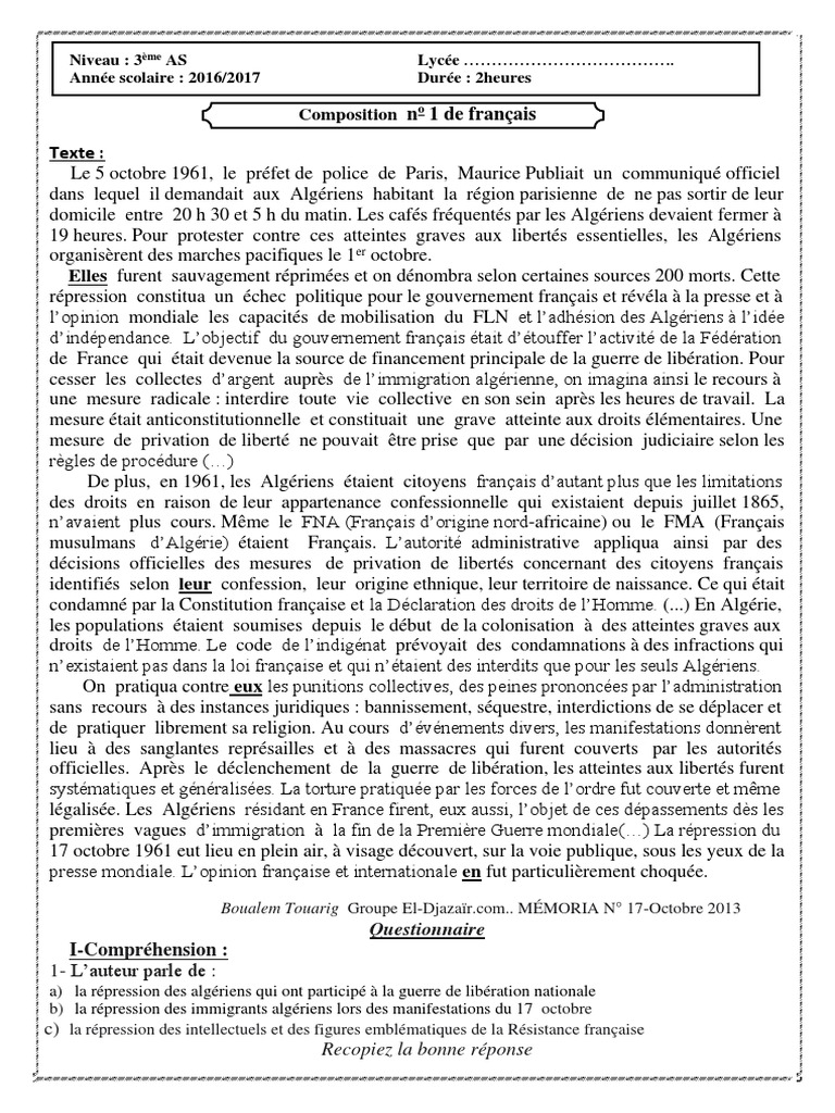 Comp1 3AS | PDF | Algérie | France