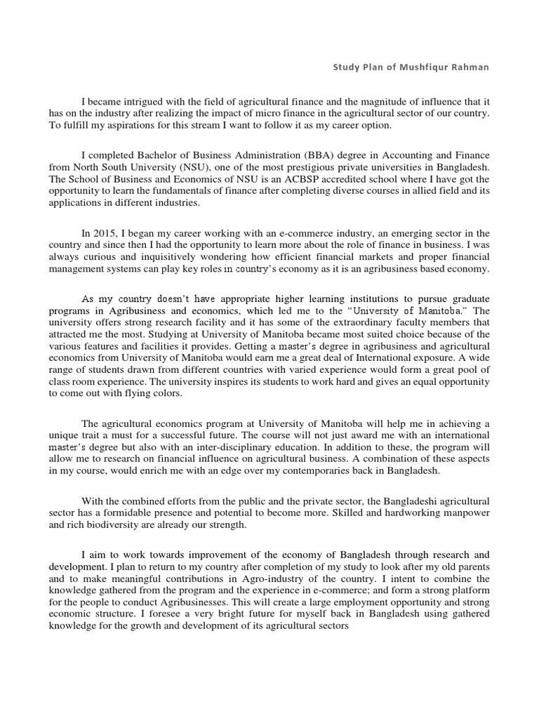 Final Study Plan For University of Manitoba | PDF | Bangladesh | Economics