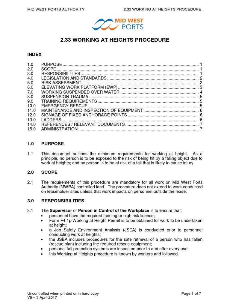 2 33 Working at Heights Procedure | PDF | Personal Protective Equipment ...