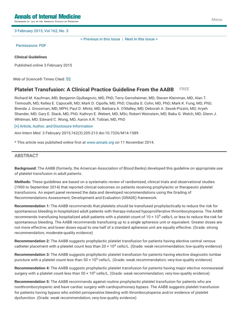Platelet Transfusion - A Clinical Practice Guideline From The ...