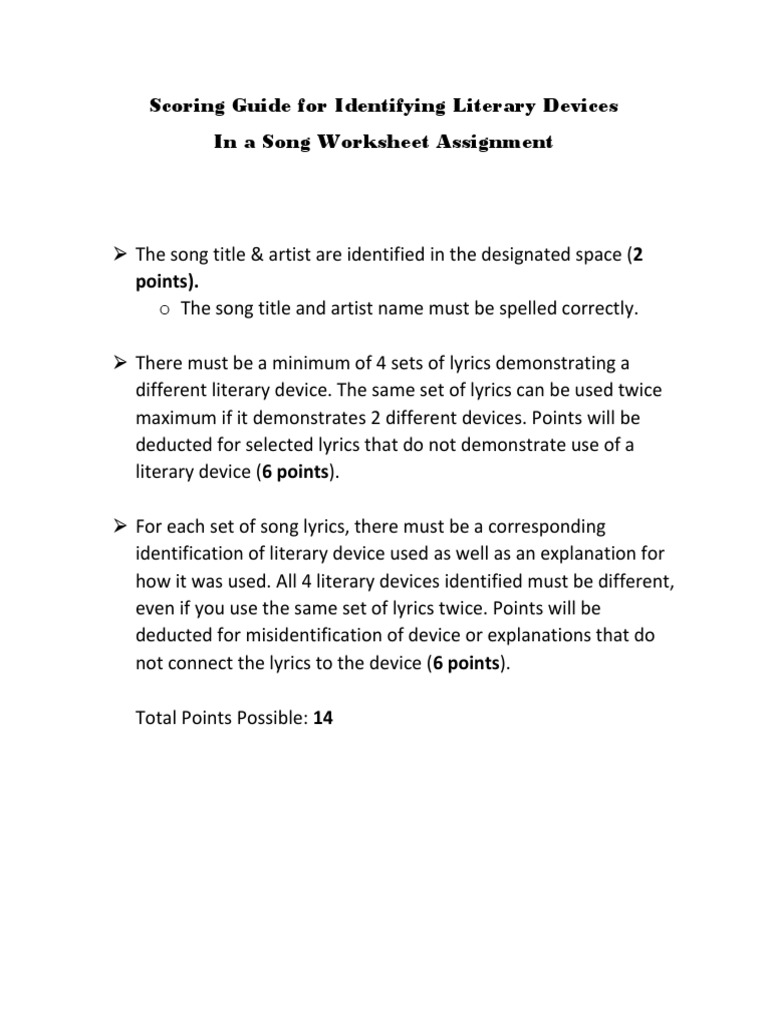 Scoring Guide For Identifying Literary Devices in A Song Worksheet ...