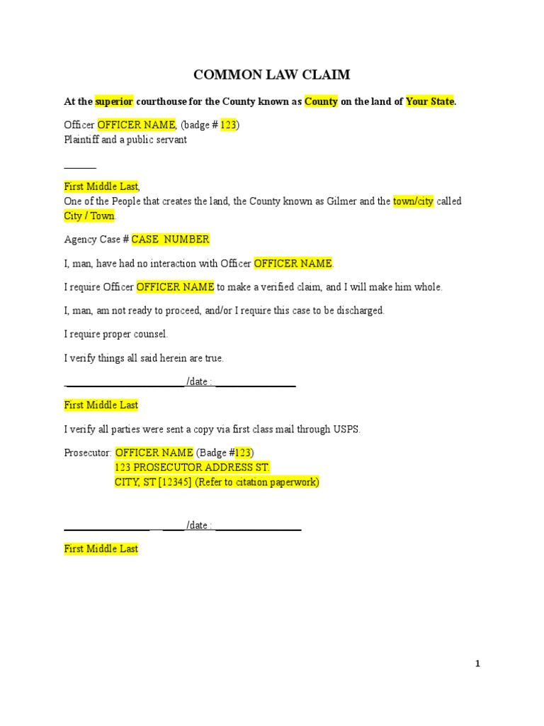 Common Law Claim Template | PDF | Law