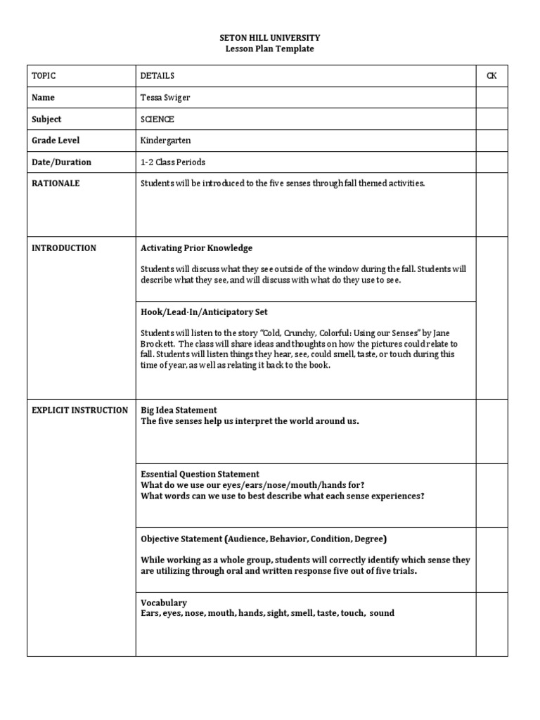 Lesson Plan 1 Science Intro To Senses | PDF | Senses | Lesson Plan