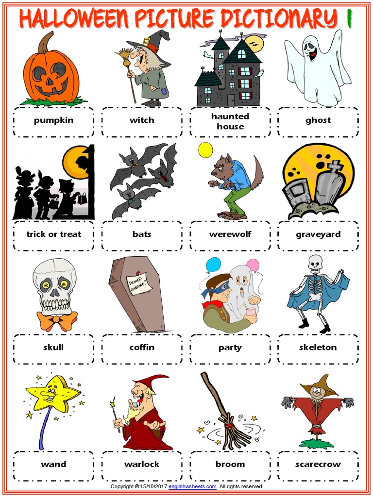 Halloween Vocabulary Esl Picture Dictionary Worksheets for Kids