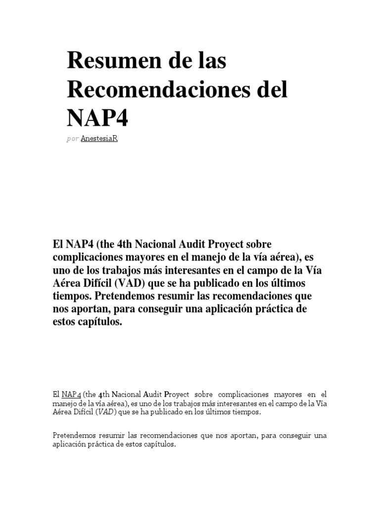 Resumen NAP4 | PDF | Reanimación cardiopulmonar | Anestesia