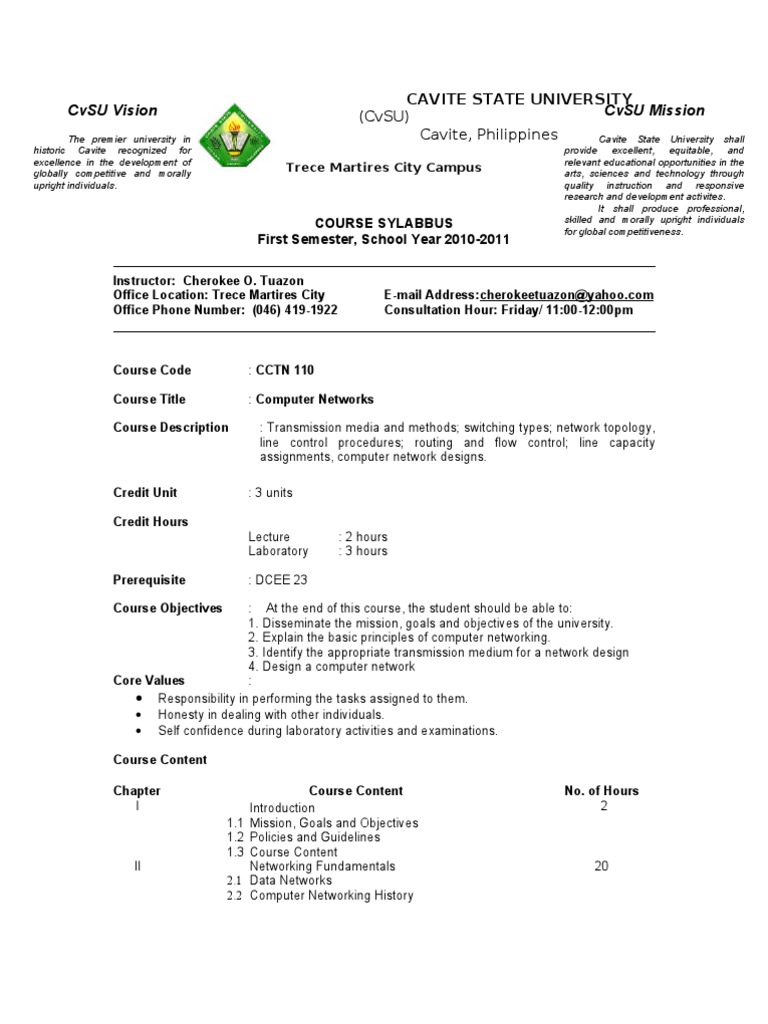 CvSU Computer Networks Course Syllabus | PDF | Ethernet | Wireless Lan
