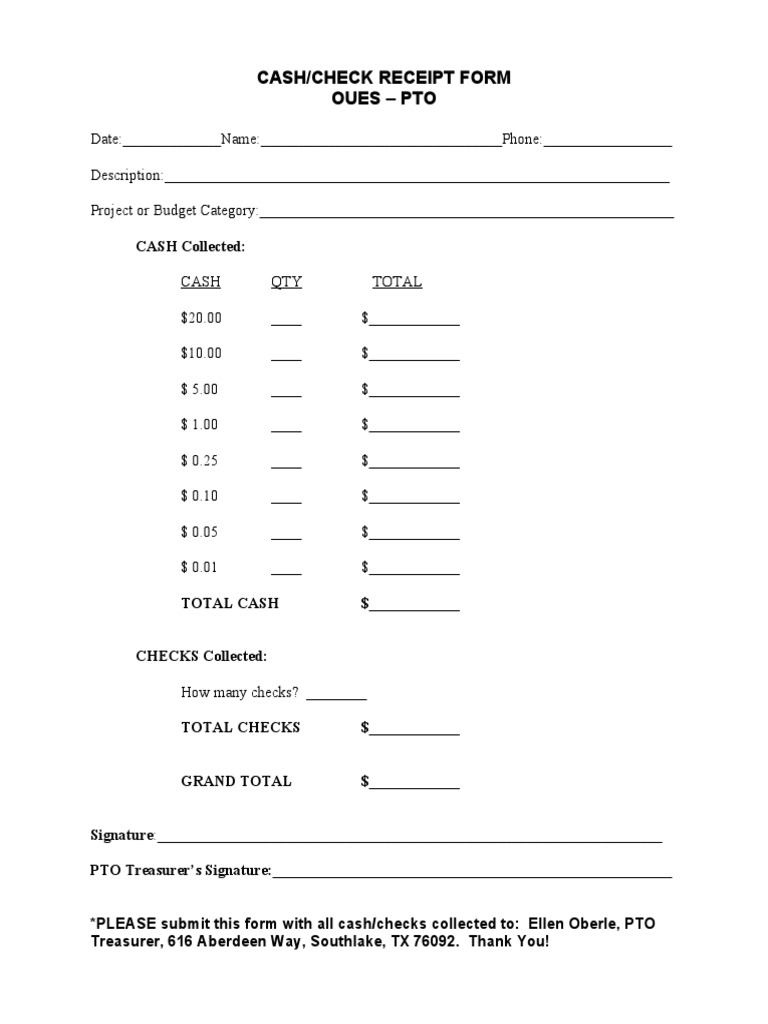 Cash and Check Receipt Form | PDF