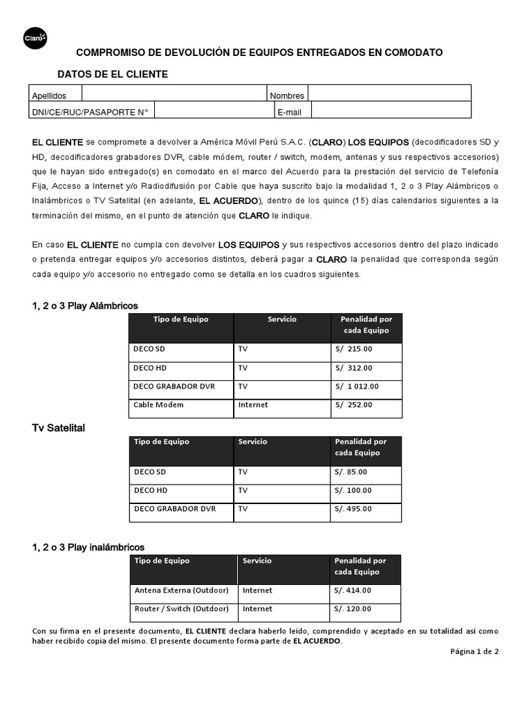 Compromiso de Devolucion de Equipos | PDF | Televisión por cable | Redes