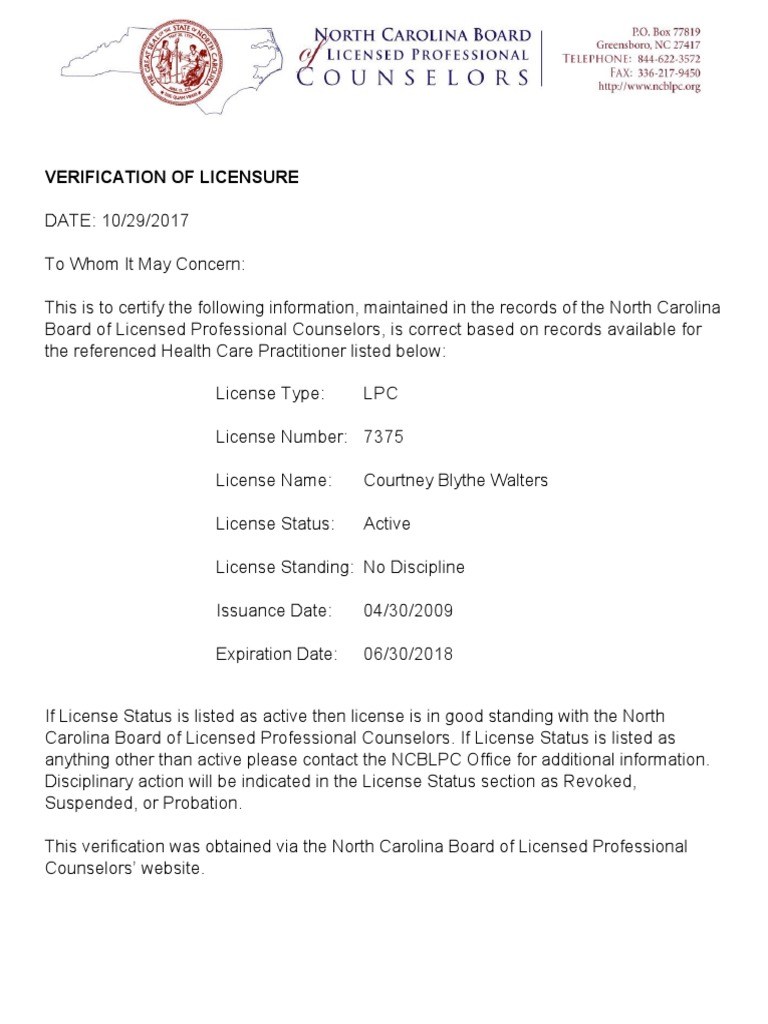 NC LPC License Verification 2017 | PDF