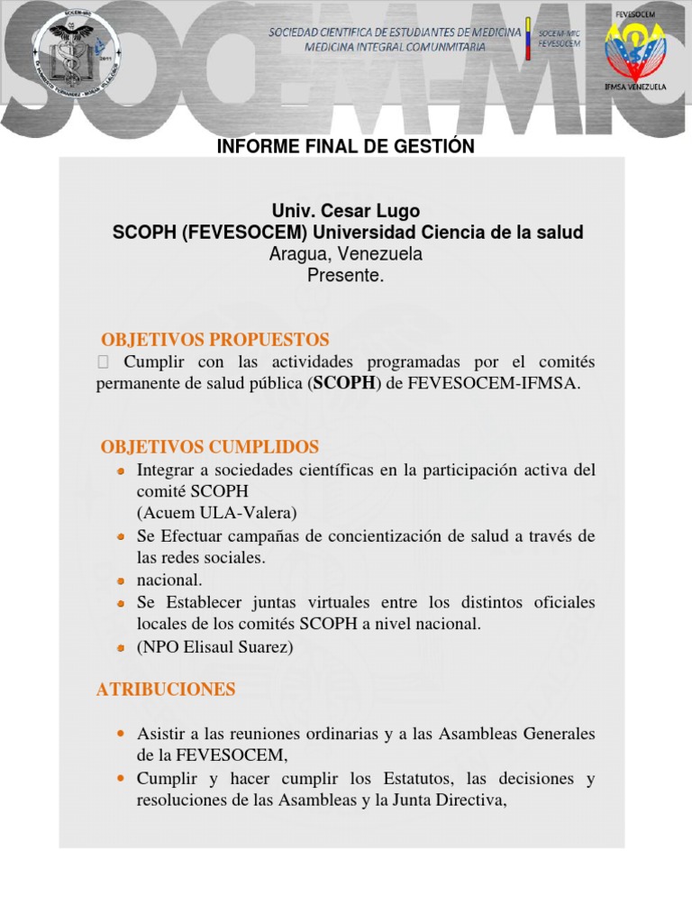 Informe Final de Gestión Scoph | PDF | VIH / SIDA | Malaria