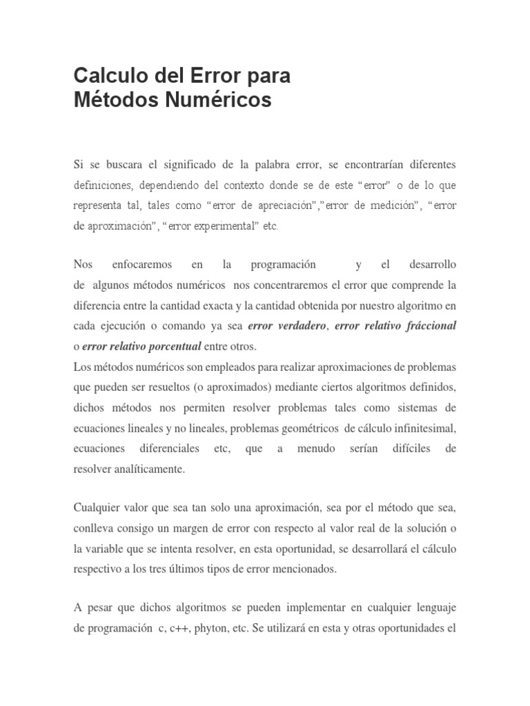 Calculo Del Error para Métodos | PDF | Análisis numérico | Medición