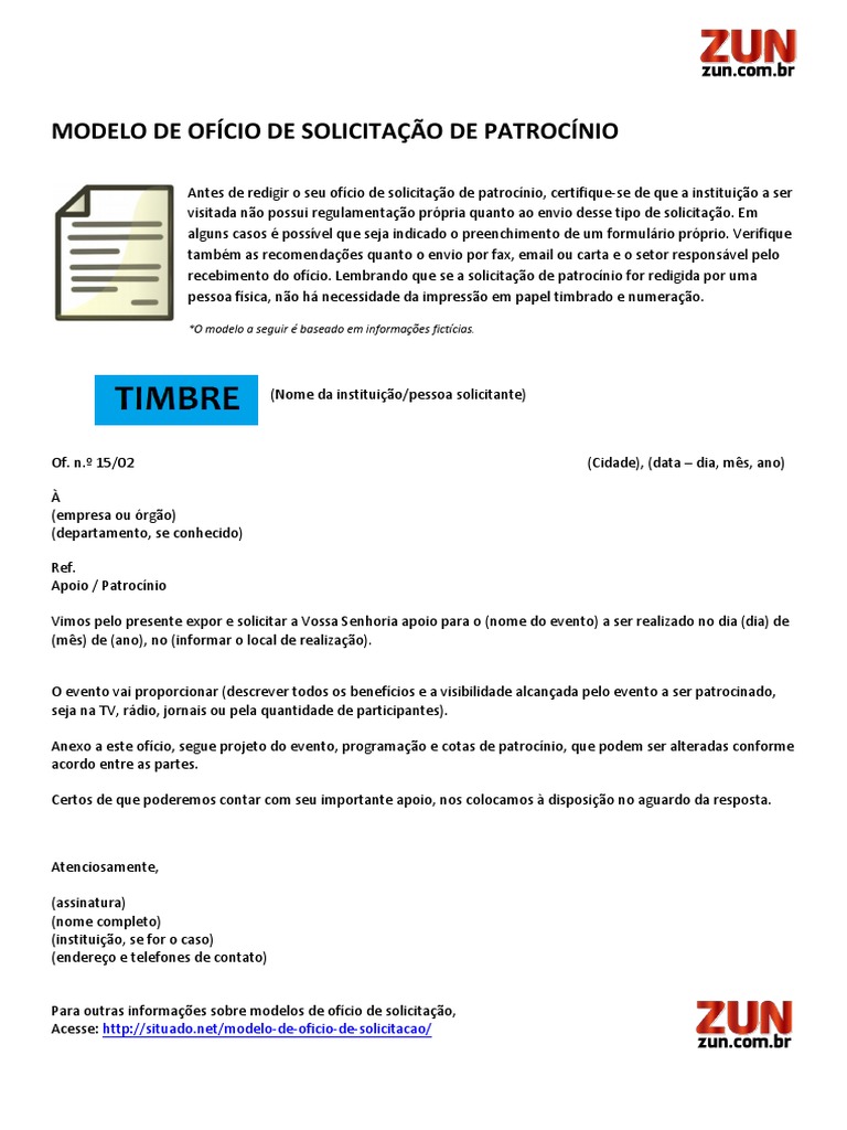 Modelo de Ofício de Solicitação de Patrocínio PDF Modelo de Ofício de Solicitação de Patrocínio PDF