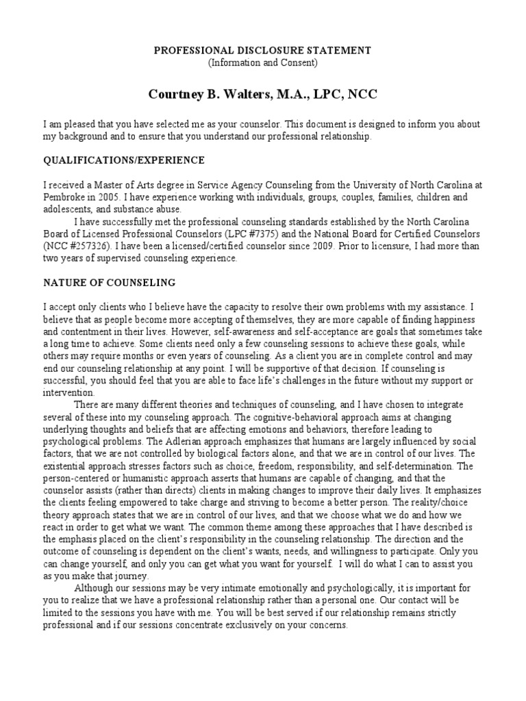 Professional Disclosure Statement Updated 2016 | PDF | School Counselor ...