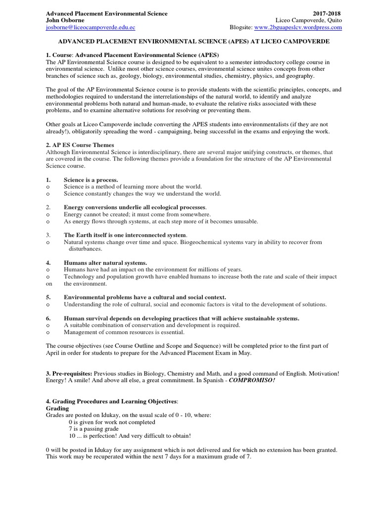 LCV APES Course Description | PDF | Advanced Placement | Test (Assessment)