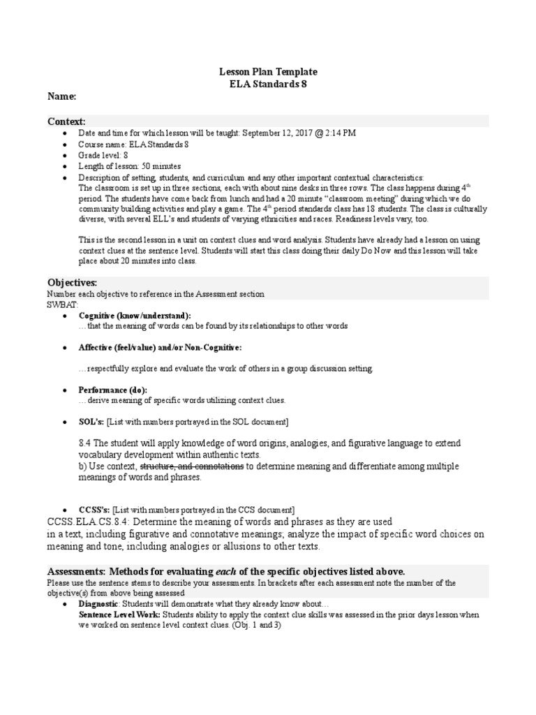 Lesson Plan Template ELA Standards 8 Name: Context | PDF | Educational ...