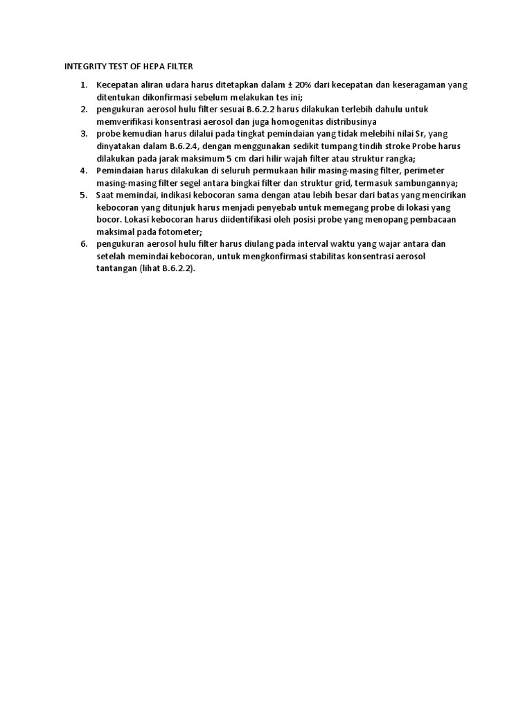 Integrity Test Of Hepa Filter Pdf