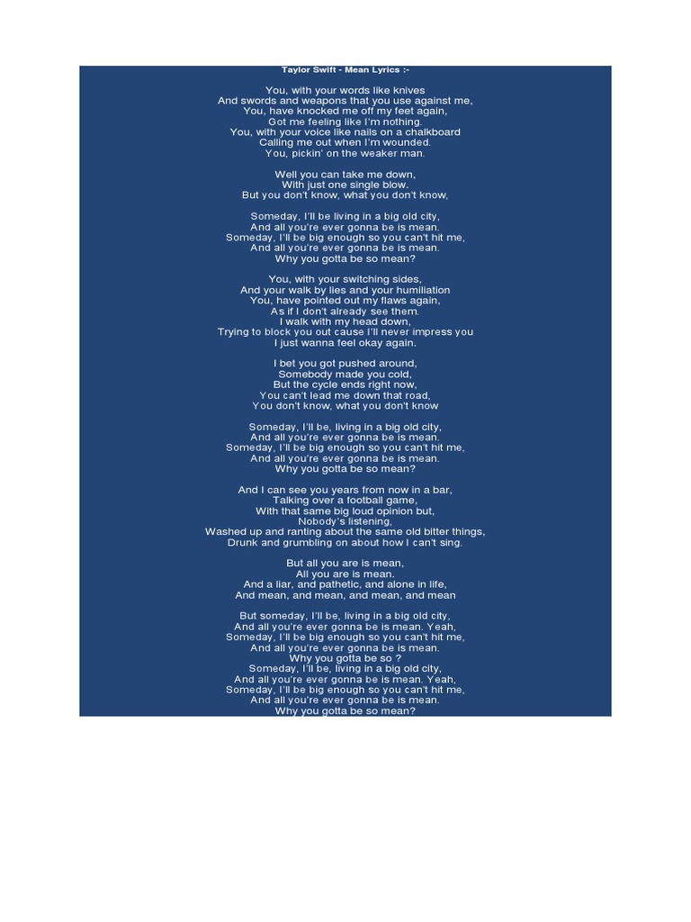 Taylor Swift - Mean Lyrics | PDF
