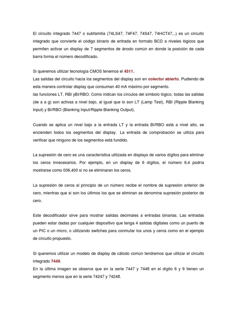 El Circuito Integrado 7447 o Subfamilia | PDF | Decimal codificado en ...