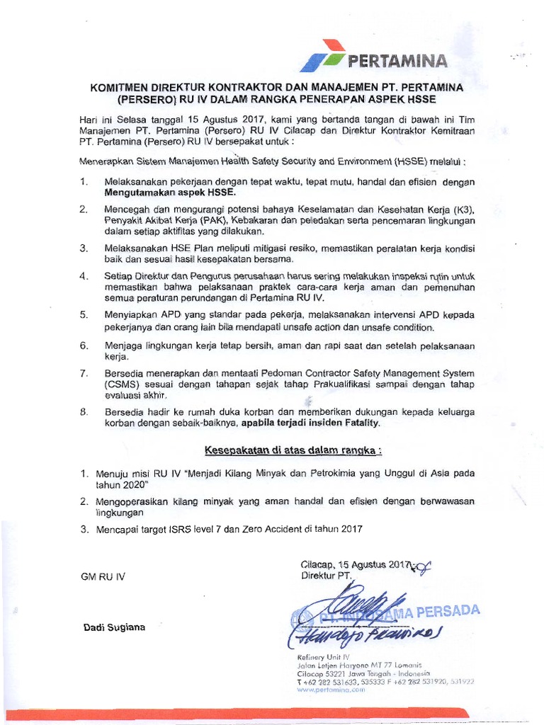 Komitmen Manajemen Ke HSE Pertamina | PDF