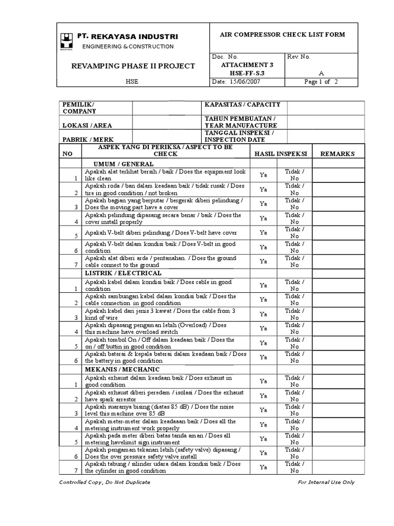 Formulir Checklist Kompresor Udara | PDF