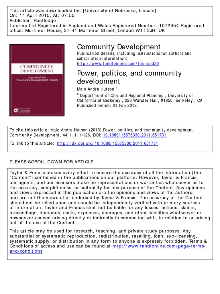 Community Development: To Cite This Article: Malo Andre Hutson (2013 ...