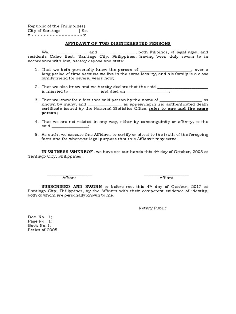 Affidavit of Two Disinterested Person Death | PDF | Affidavit | Legal ...