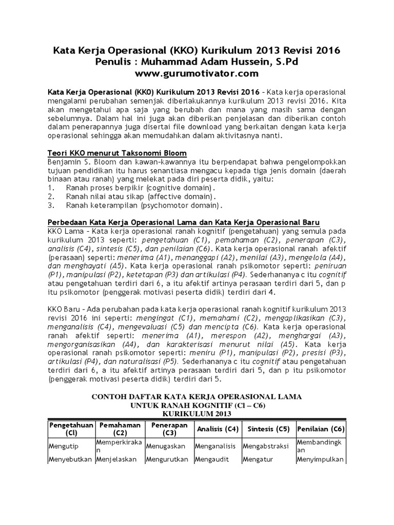 Kata Kerja Operasional (KKO) Kurikulum 2013 Revisi 2016 | PDF