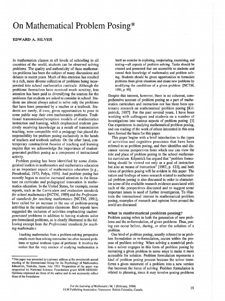 On Mathematical Problem Posing Edward Silver PDF | PDF | National Council Of Teachers Of ...