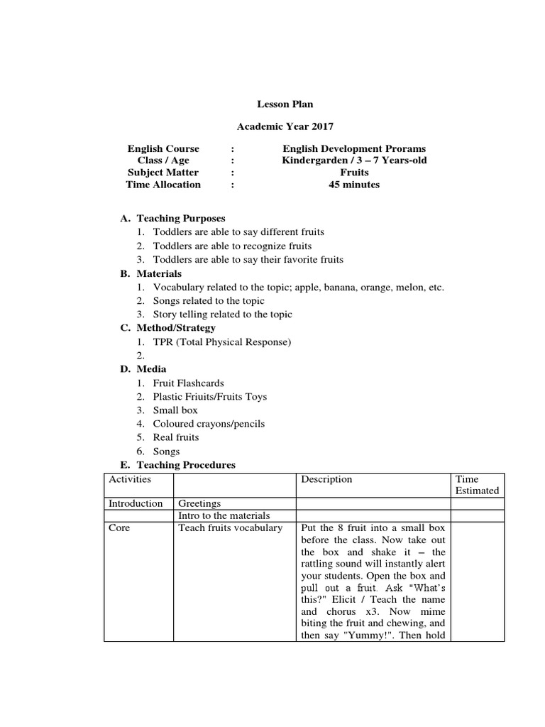 Kindergarten Fruits Lesson Plan | PDF | Lesson Plan | Learning