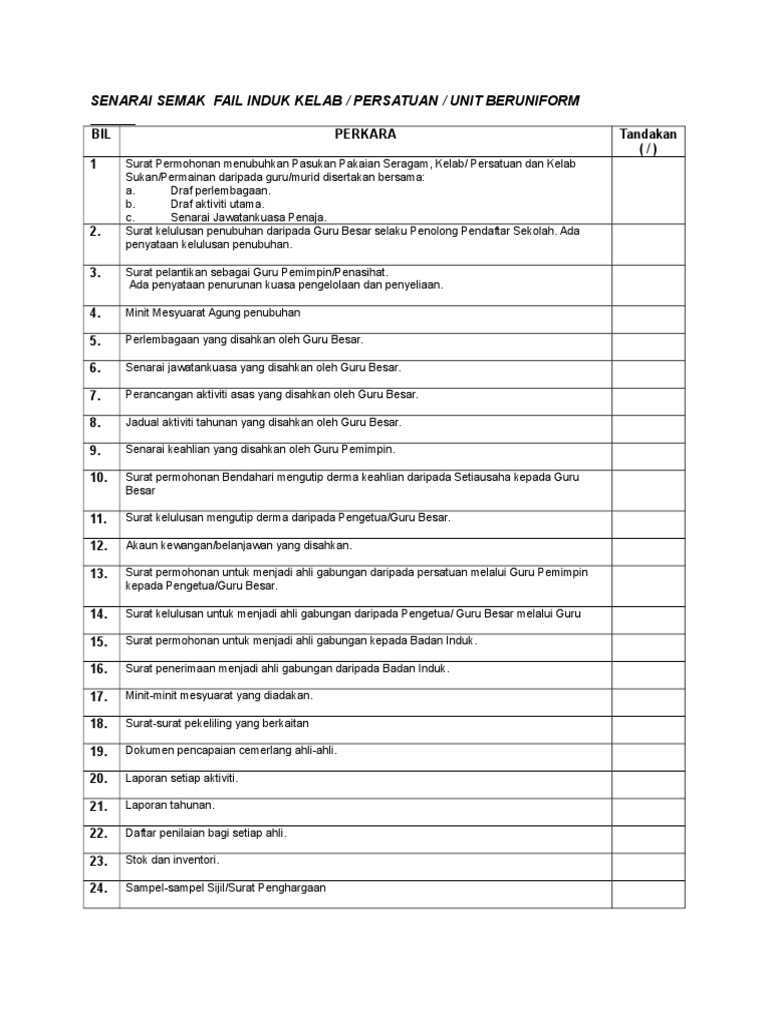Senarai Semak Pengurusan Fail Kelab | PDF