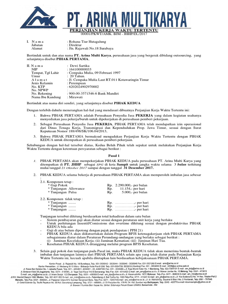 Perjanjian Kerja PT Arina Multi Karya | PDF | Bisnis