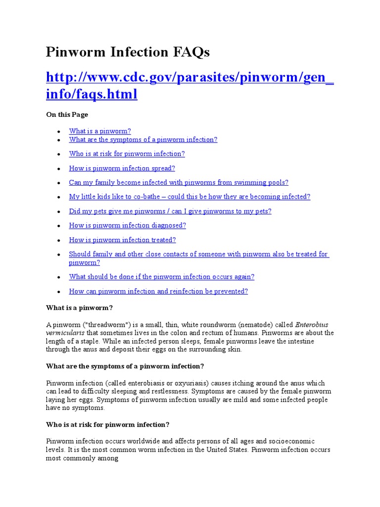Pinworm Infection FAQs | PDF | Hygiene | Hand Washing
