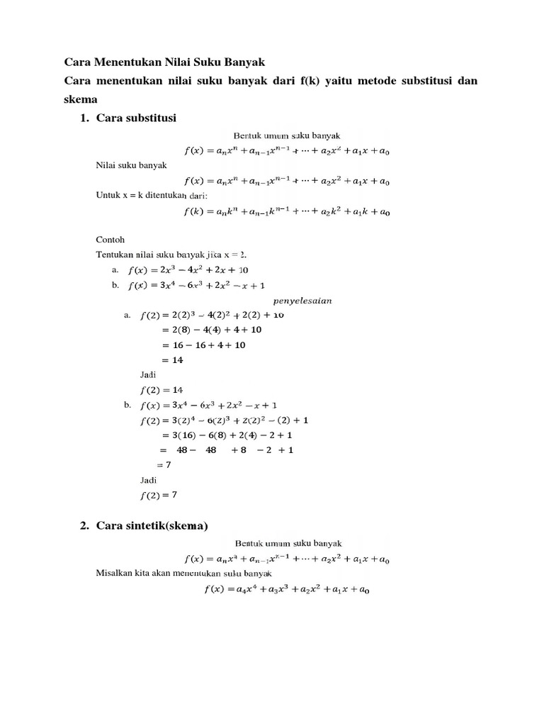 Cara Menentukan Nilai Suku Banyak | PDF