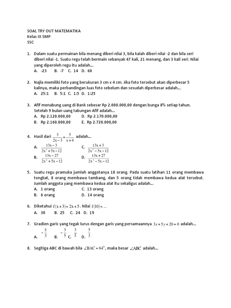 Soal Try Out Matematika Un 9 SMP | PDF | Metode & Bahan Ajar