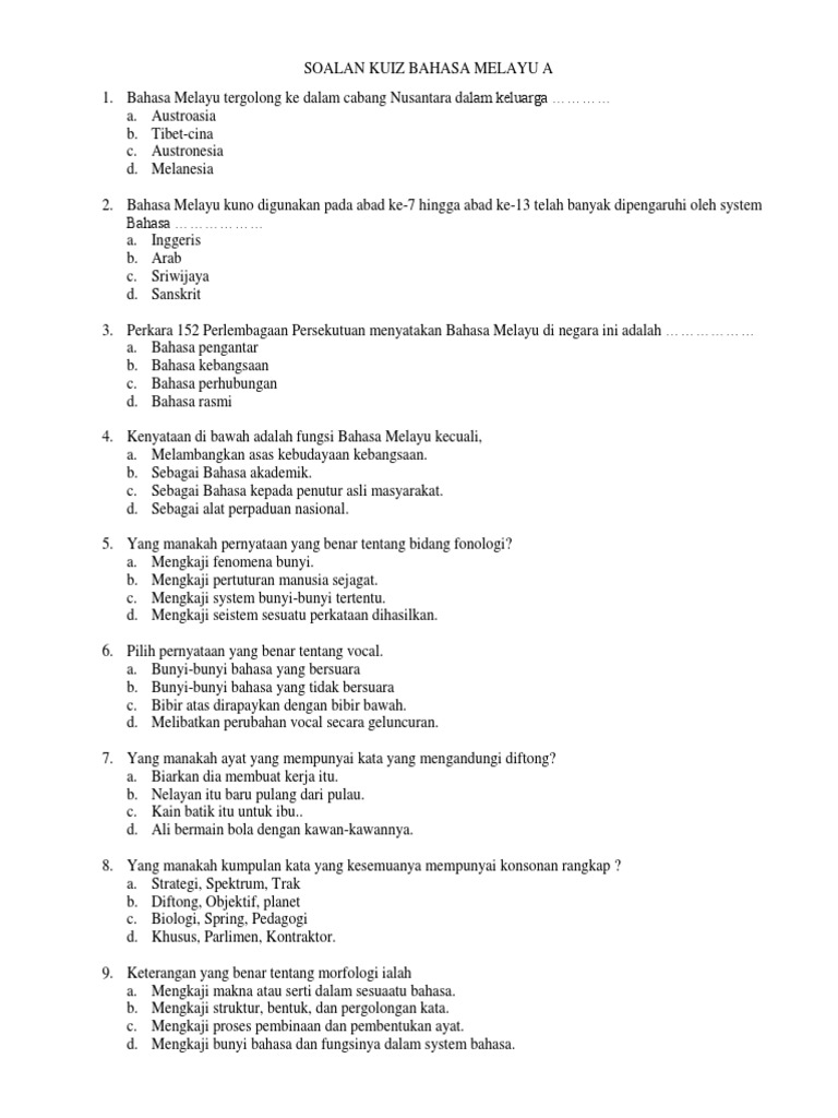 SOALAN KUIZ Bahasa Kebangsaan | PDF