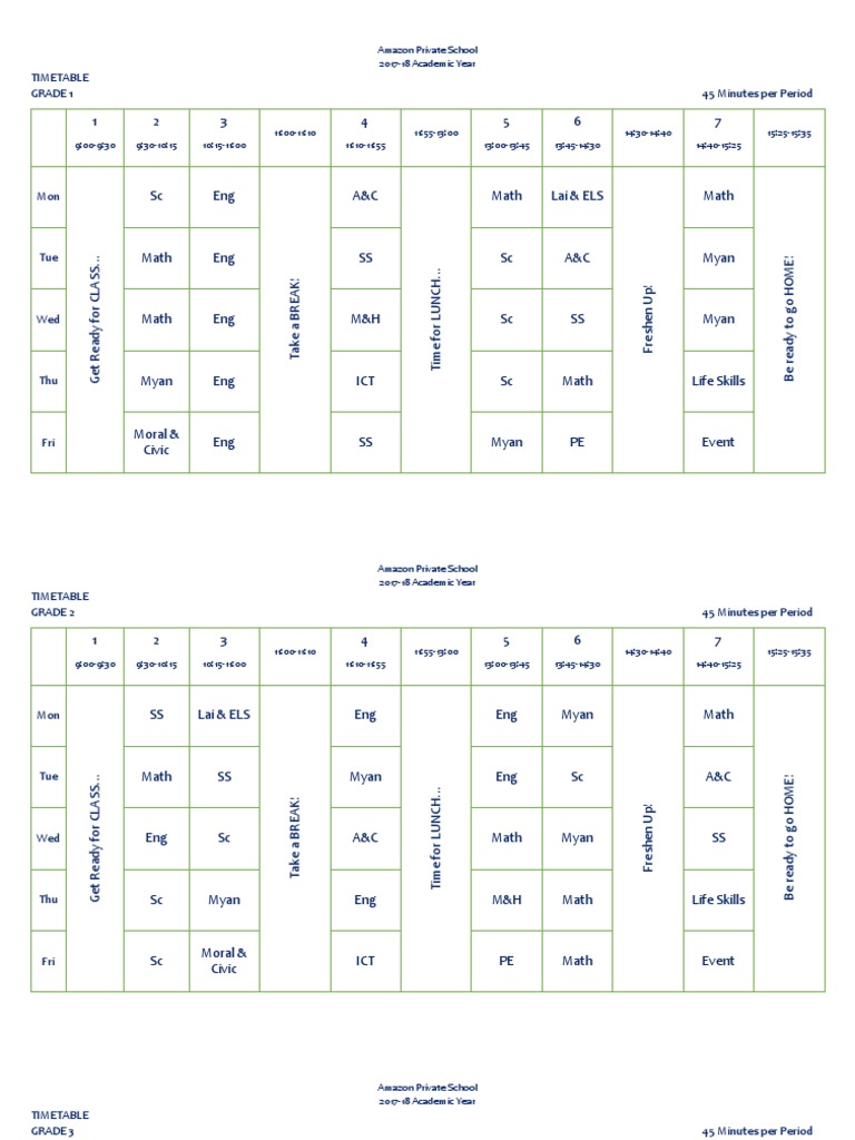 Timetable Grade 1 45 Minutes Per Period: Amazon Private School 2017-18 ...