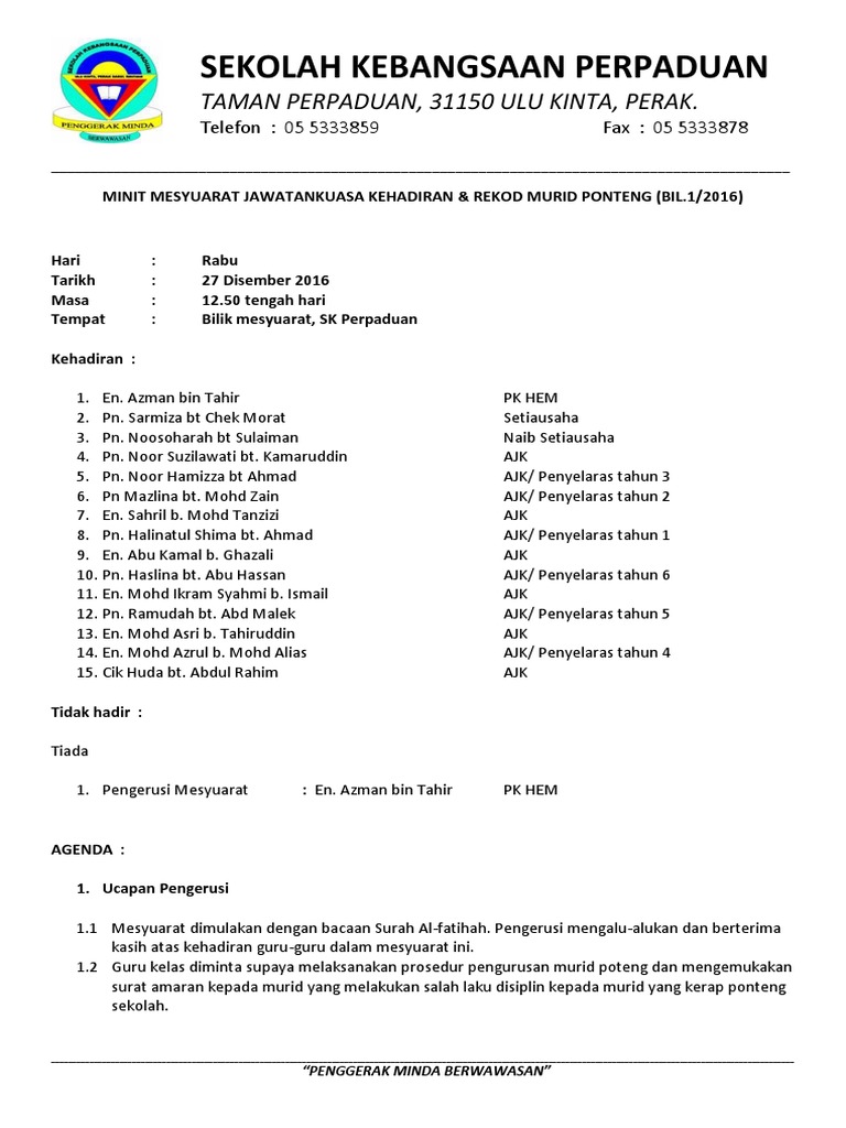 MINIT MESYUARAT JAWATANKUASA KEHADIRAN Unit Hem | PDF