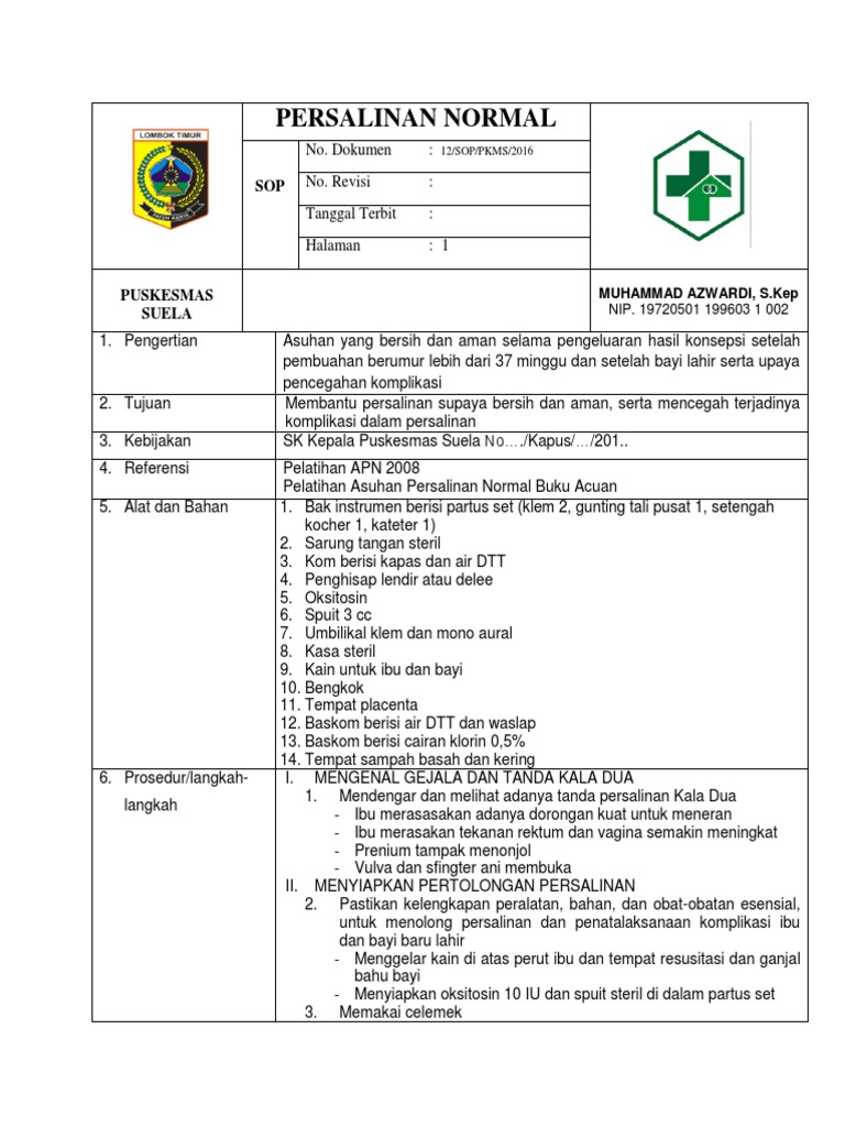 SOP Persalinan Normal di Puskesmas | PDF