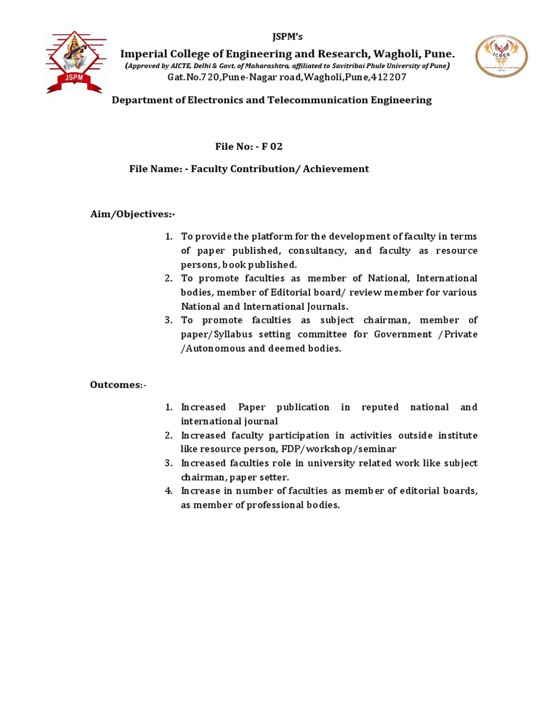Aim Objective and Outcome F 02 - Faculty Achievement | PDF | Career ...