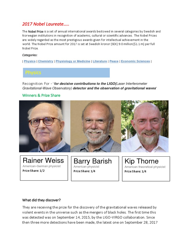 Rainer Weiss Barry Barish Kip Thorne: Physics | PDF | Nobel Prize ...